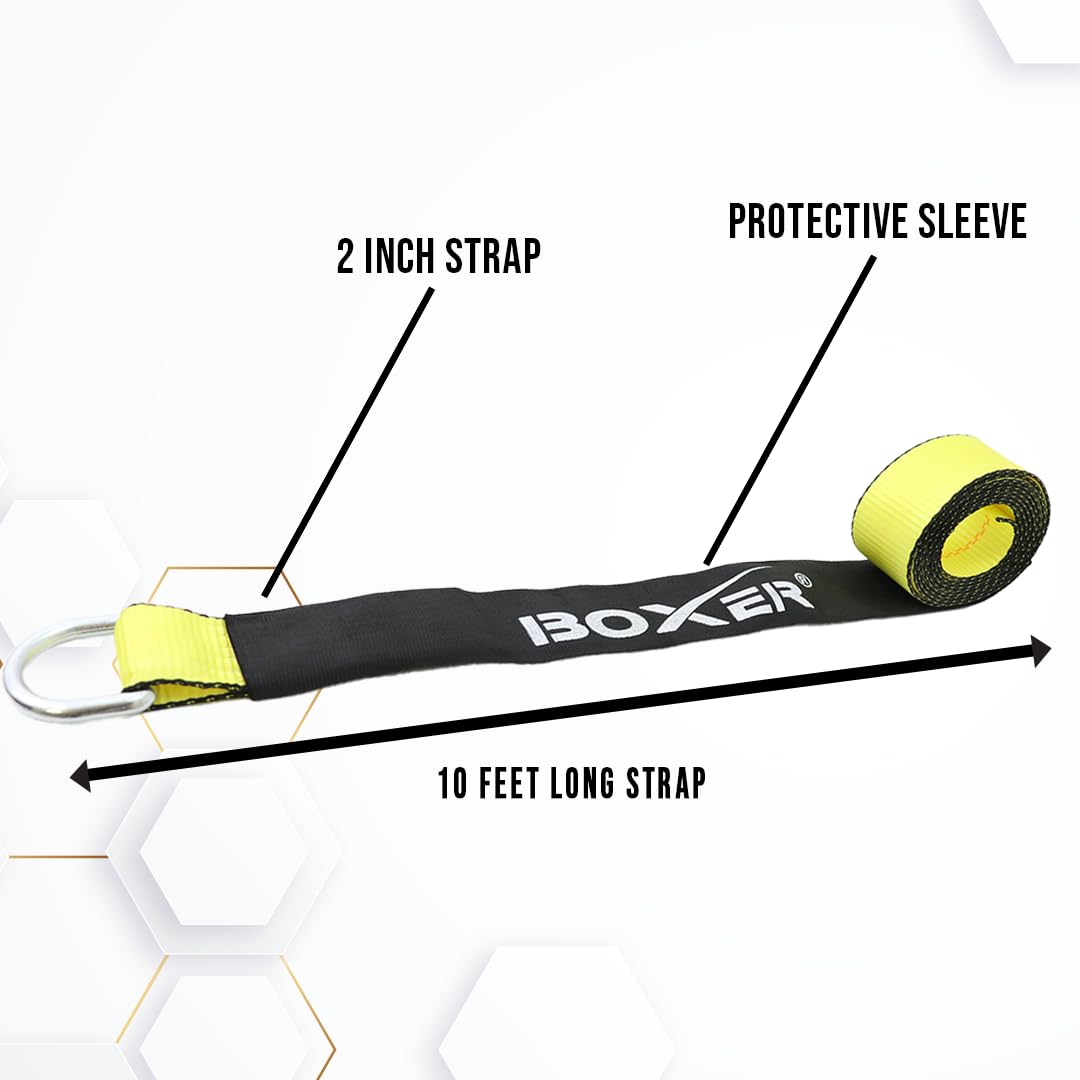 Boxer 2" x 10ft Pro Lasso Tow Strap with D Ring & Protective Sleeve – Car Tie Down, Auto Hauler, Auto Transport – 10,000lbs - 4 Pack