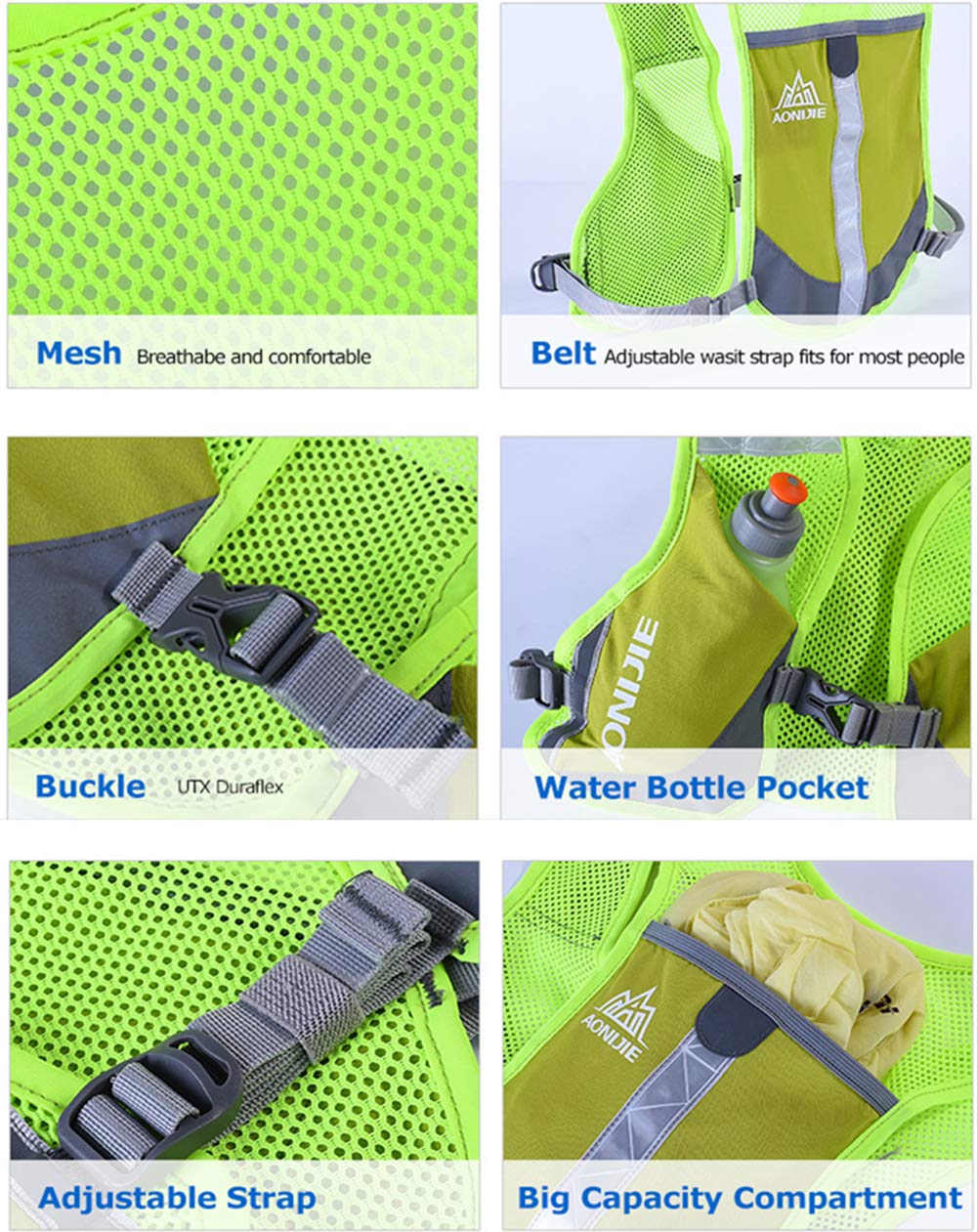 AONIJIE Men Women Ultralight Running Vest Pack Reflective Breathable Hydration Backpack for Hiking Camping Marathon Cycling Race (Green- with 2 pcs 250ml Bottles)
