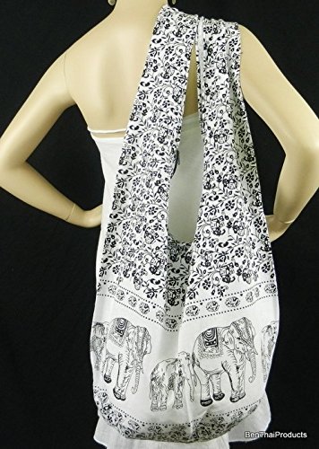 BTP! Elephant Floral Print Sling Crossbody Shoulder Bag Purse Hippie Hobo Thai Cotton Gypsy Bohemian Large (White YI-8)