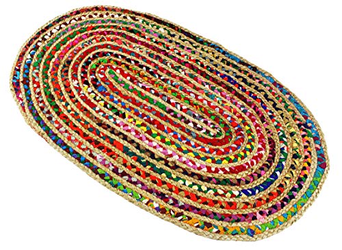 COTTON CRAFT Jute Chindi Braid Rag Rug - Boho Farmhouse Rustic Area Accent Throw Rug - Handwoven Reversible Natural Recycled Cotton- Living Room Den Study Home Décor Gift - 3' x 5' Oval - Multi Color