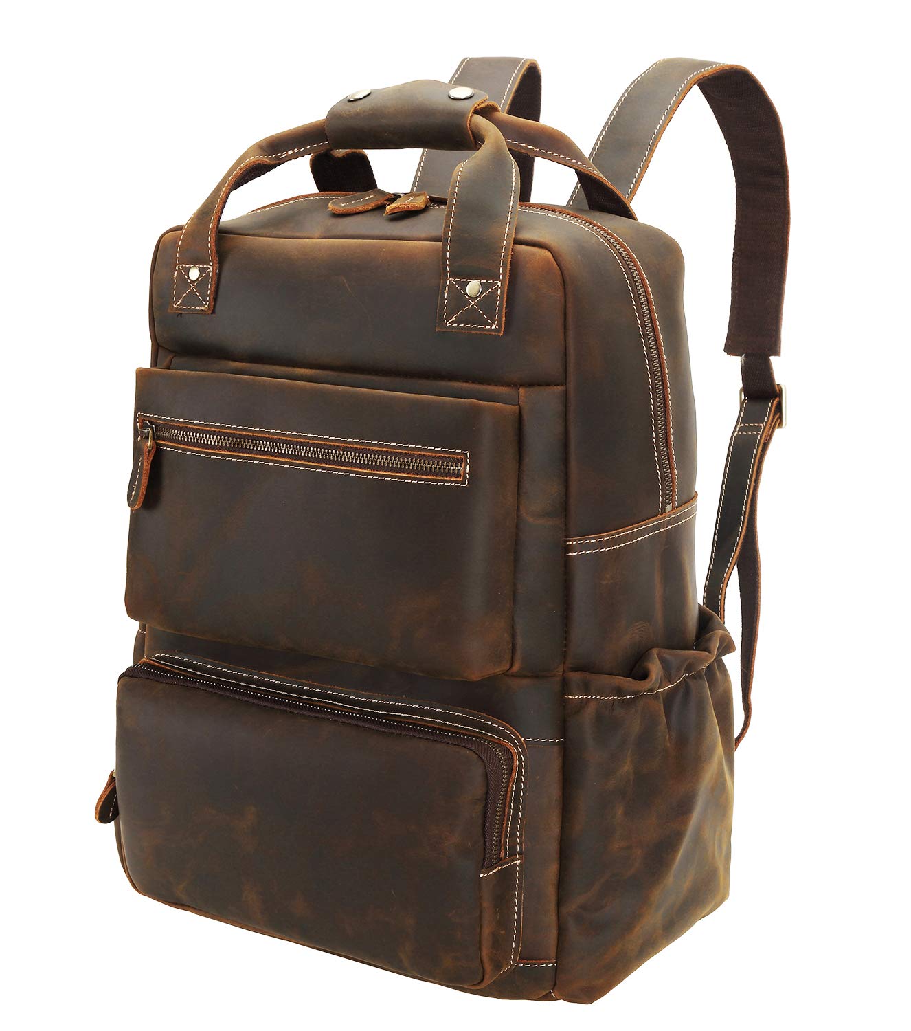 Polare Full Grain Leather 17.3‘’ Backpack Laptop Bag Camping Travel Rucksack Fits 15.6'' Laptop Dark Brown