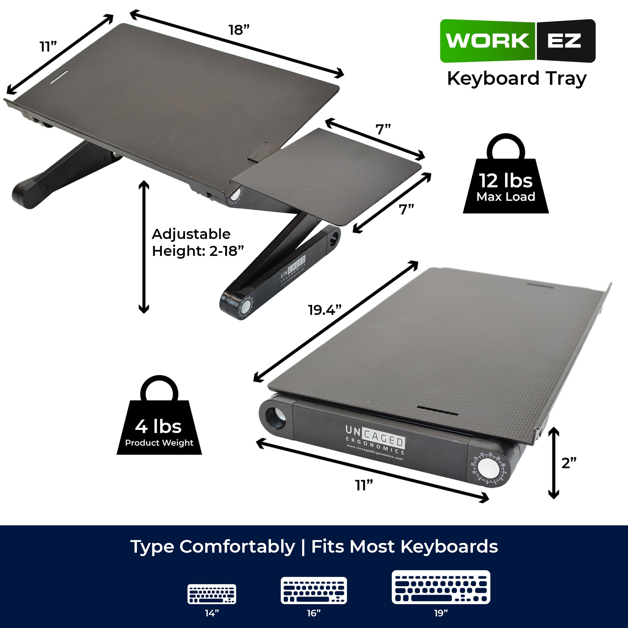 WorkEZ Keyboard and Mouse Tray ergonomic on-desk riser stand adjustable height angle negative tilt Raise computer keyboards to Standing Height sit stand-up standing accessories lift black