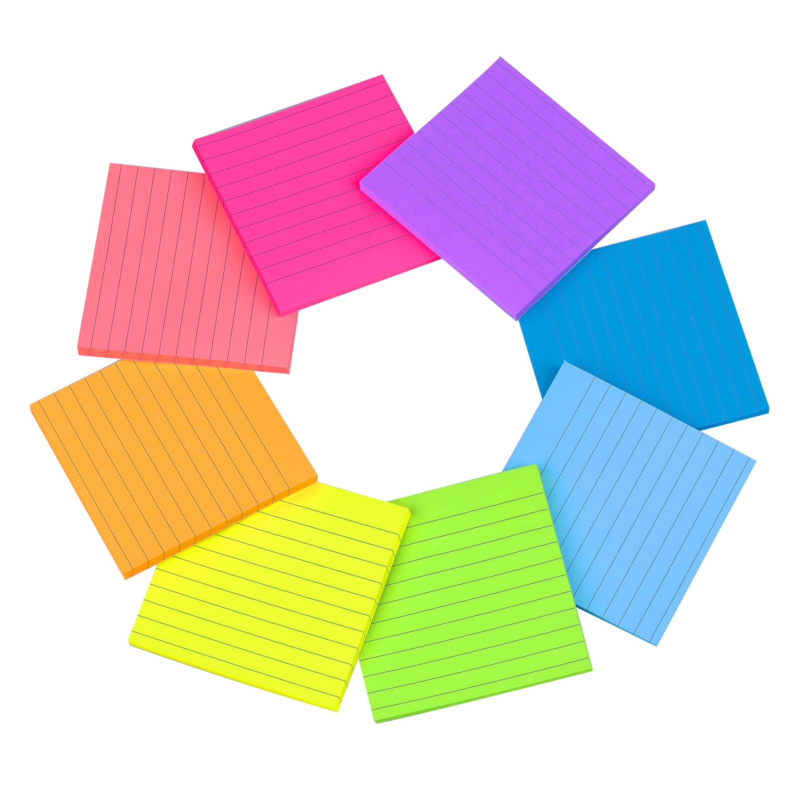 (8 Pack) Lined Sticky Notes 4x4 Bright Stickies Colorful Super Sticking Power Memo Pads, 8 Colors, Strong Adhesive