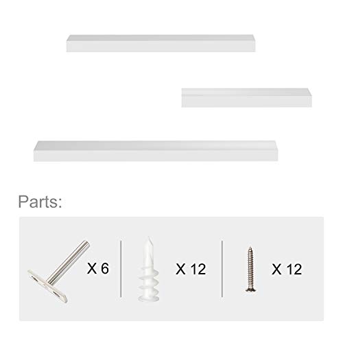 Mkono Floating Shelves White Wood Wall Mounted Rustic Modern Shelf Set of 3 Photo Display Ledges with Invisible Bracket for Living Room Bedroom Bathroom 4" Deep