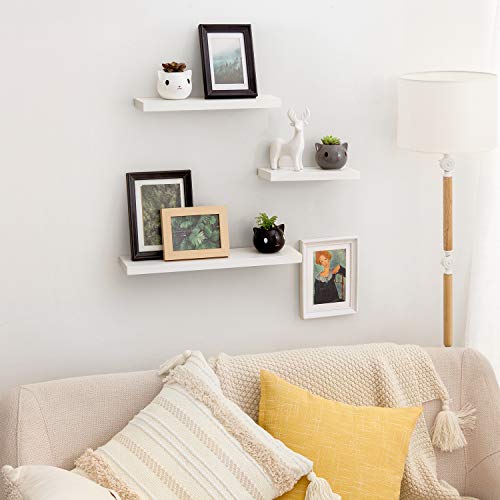 Mkono Floating Shelves White Wood Wall Mounted Rustic Modern Shelf Set of 3 Photo Display Ledges with Invisible Bracket for Living Room Bedroom Bathroom 4" Deep