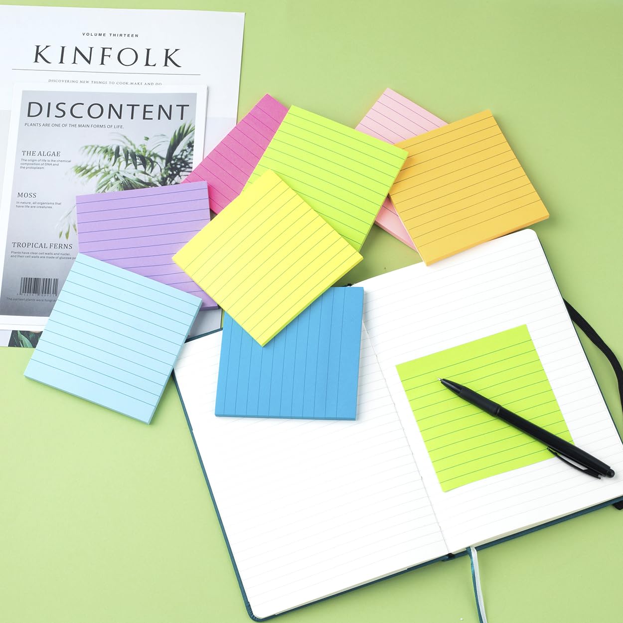(8 Pack) Lined Sticky Notes 4x4 Bright Stickies Colorful Super Sticking Power Memo Pads, 8 Colors, Strong Adhesive