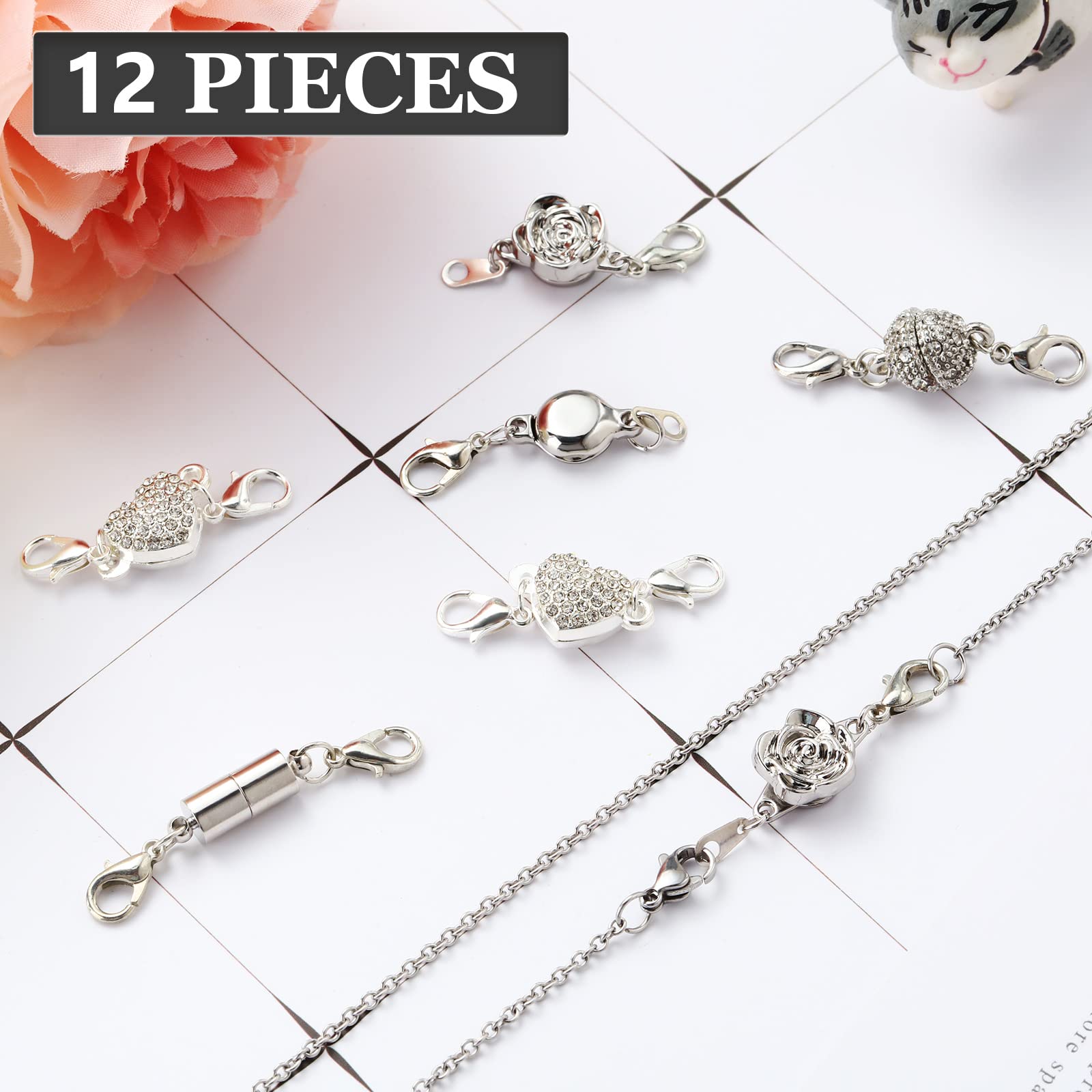 12 Pcs Necklace Magnetic Clasps and Closures Magnetic Lobster Clasps Silver Magnetic Jewelry Clasps Locking Necklace Extender Round Rhinestone Ball Magnetic Clasps for Bracelets Making Multiple Styles