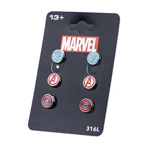 Officially Licensed Marvel Comics Stainless Steel Women's Avenger Logo Pack Round Stud Hypoallergenic Earrings, Unisex