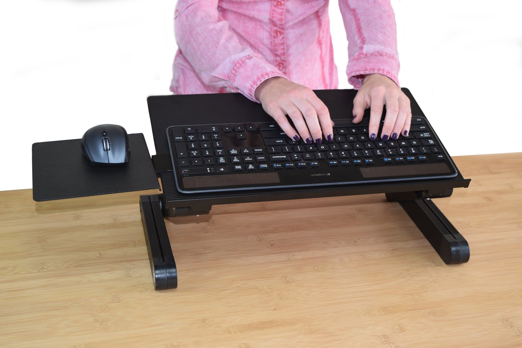 WorkEZ Keyboard and Mouse Tray ergonomic on-desk riser stand adjustable height angle negative tilt Raise computer keyboards to Standing Height sit stand-up standing accessories lift black