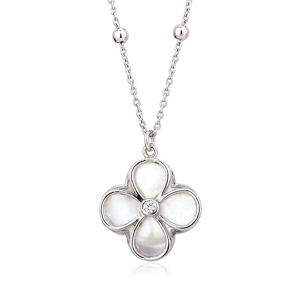 Vanbelle Sterling Silver Jewelry Four-Leaf Clover Pendant Necklace with Cultured Mother-of-Pearl in Beaded Chain and Rhodium Plated for Women