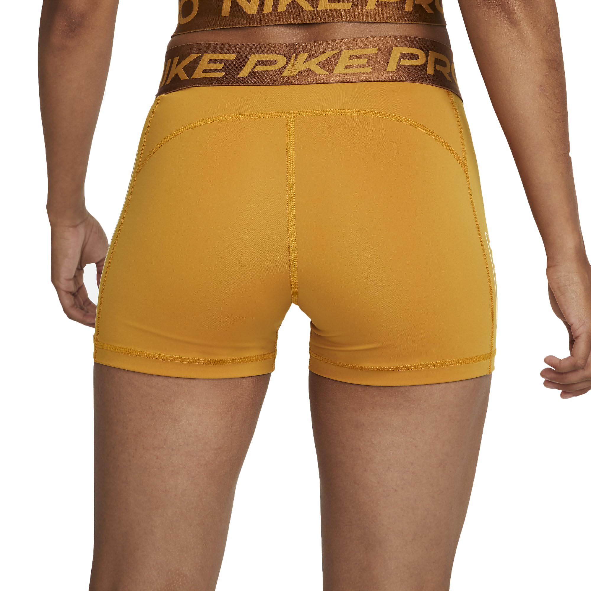 Nike Pro Women's Mid-Rise 3" Graphic Shorts (Gold Suede/Ale Brown/Barely Green, Medium)