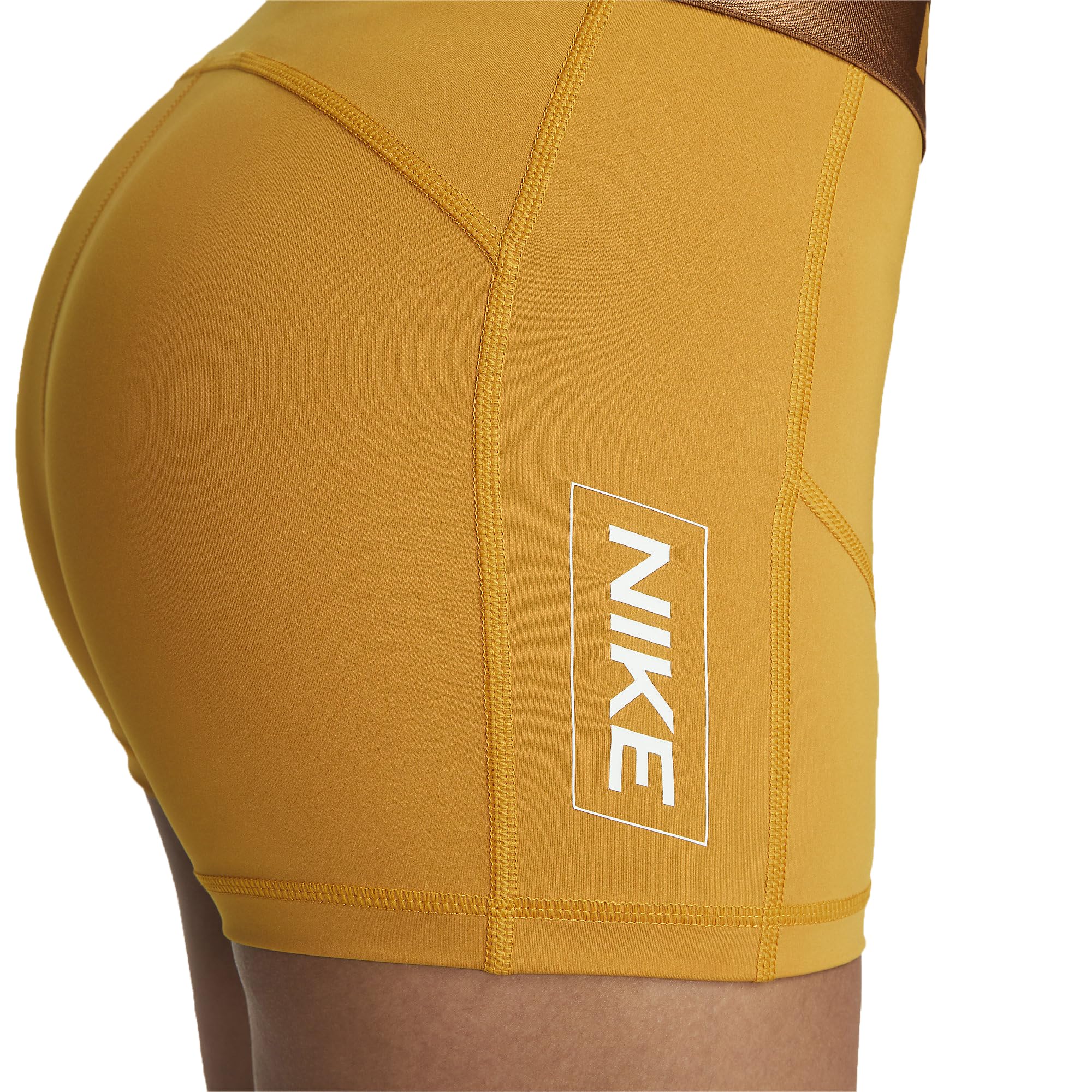 Nike Pro Women's Mid-Rise 3" Graphic Shorts (Gold Suede/Ale Brown/Barely Green, Medium)