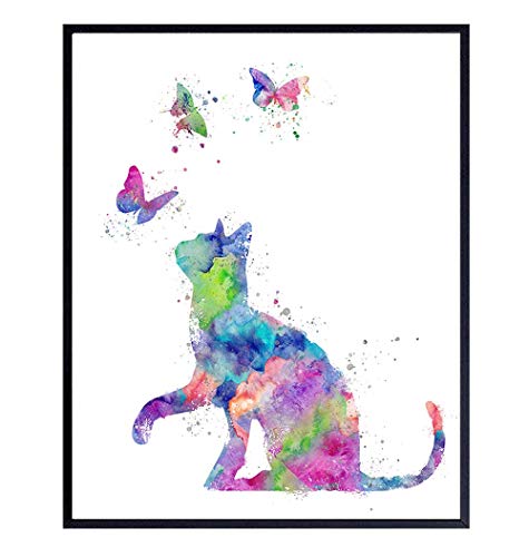 Butterflies and Cat Art - Watercolor Style Wall, Home or Apartment Decor - Sweet Poster Print Gift for Kitten, Kitty Lovers, Women, Girls, Kids, Baby Room, Nursery - Contemporary Modern 8x10 Picture