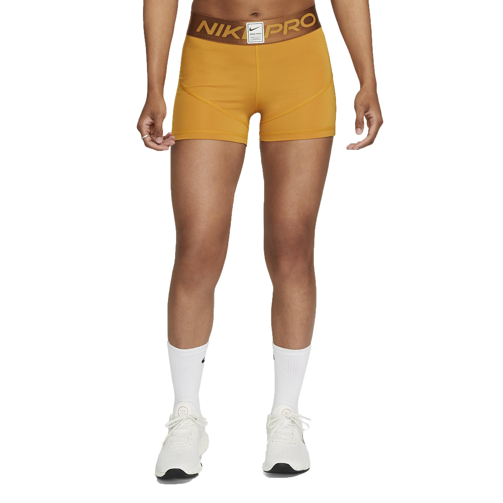 Nike Pro Women's Mid-Rise 3" Graphic Shorts (Gold Suede/Ale Brown/Barely Green, Medium)