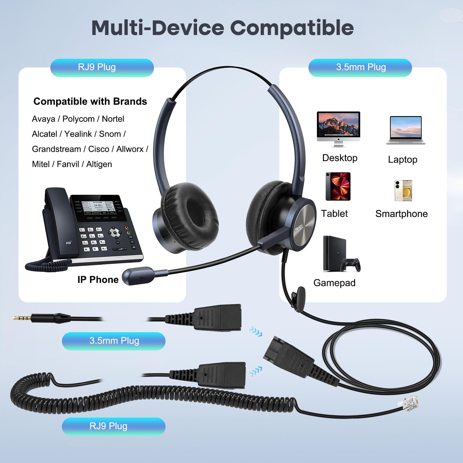 MAIRDI Telephone Headset with RJ9 Jack & 3.5mm Connectors for Call Center Office Deskphone Cell Phone PC Laptop, Landline Phone Headset with Microphone Noise Canceling for Polycom Avaya Nortel