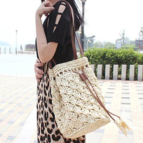 CLARA Women Summer Beach Bag Straw Weave Bucket Bag Drawstring Shoulder Bag Tote Bag Handbag Purse(Beige)