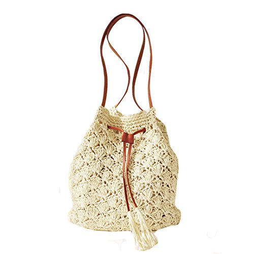 CLARA Women Summer Beach Bag Straw Weave Bucket Bag Drawstring Shoulder Bag Tote Bag Handbag Purse(Beige)