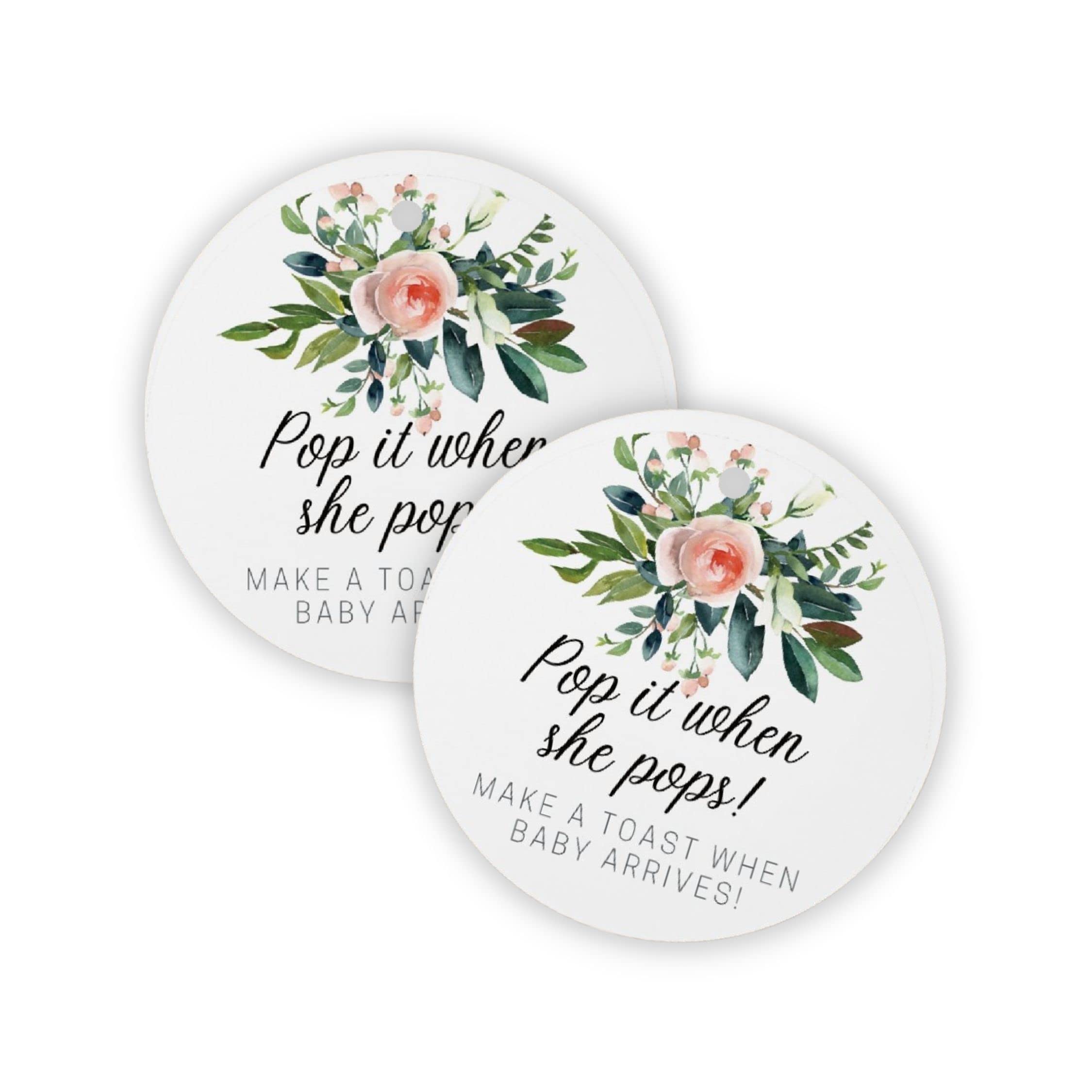 Pop It When She Pops Champagne Tag | 30 Pack | 2.5" inch Circle Tag with Pre-Cut Hole | Baby Shower Party Favor Tag | Floral Design for Baby Shower Party Favor