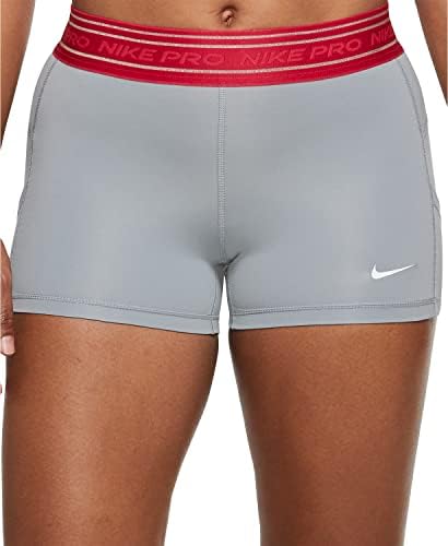 Nike Women's Pro Dri-FIT Mesh-Pocket 3" Mid-Rise Pocketed Training Shorts (as1, Alpha, s, Regular, Regular, Gray/Red, Small)