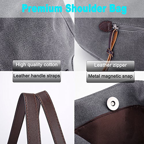 DOURR Women's Multi-pocket Shoulder Bag Fashion Cotton Canvas Handbag Tote Purse (Gray - Medium Size)
