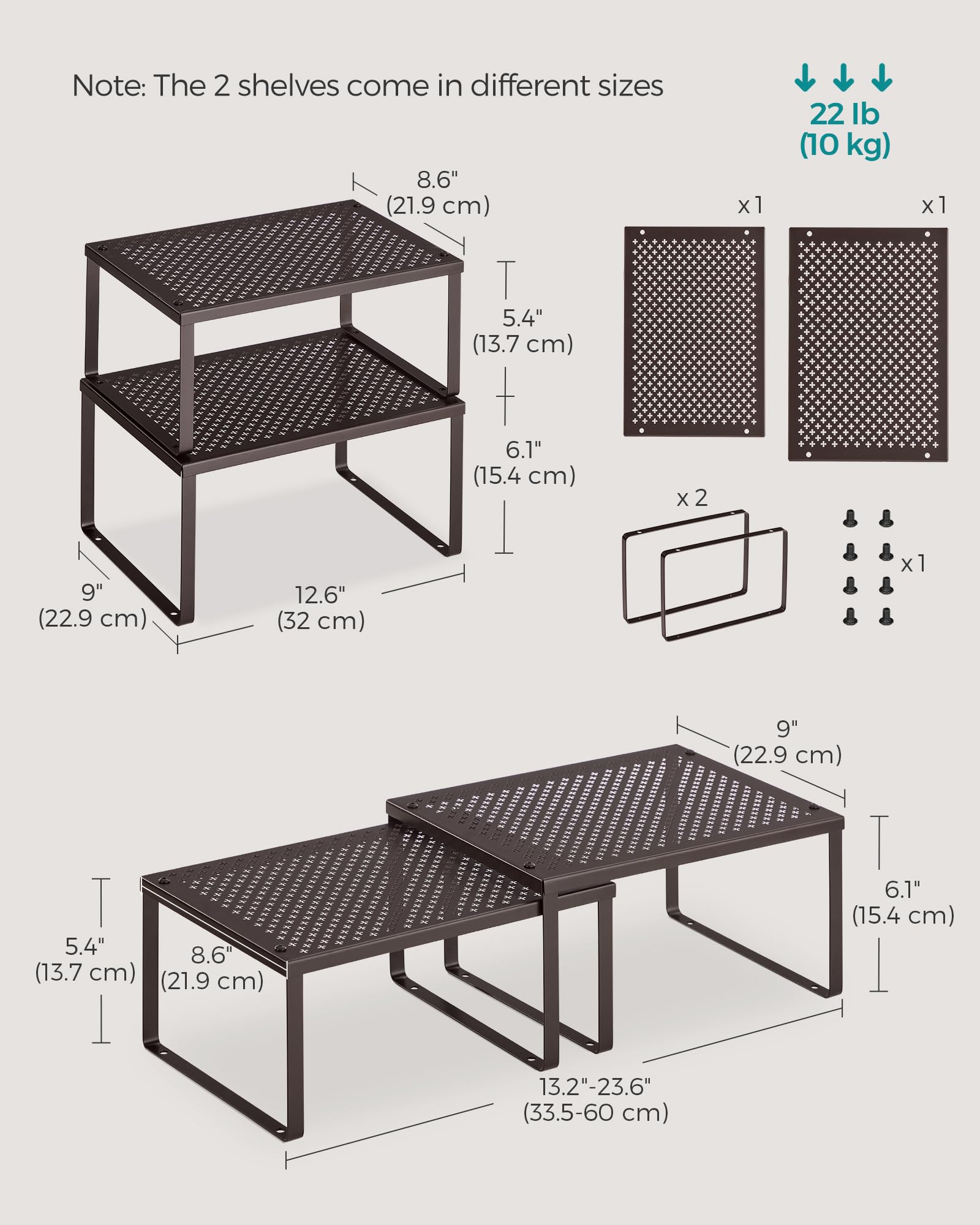 SONGMICS Cabinet Shelf Organizer, Stackable, Expandable, Set of 4 Metal Kitchen Counter Shelves, Brown UKCS06BR