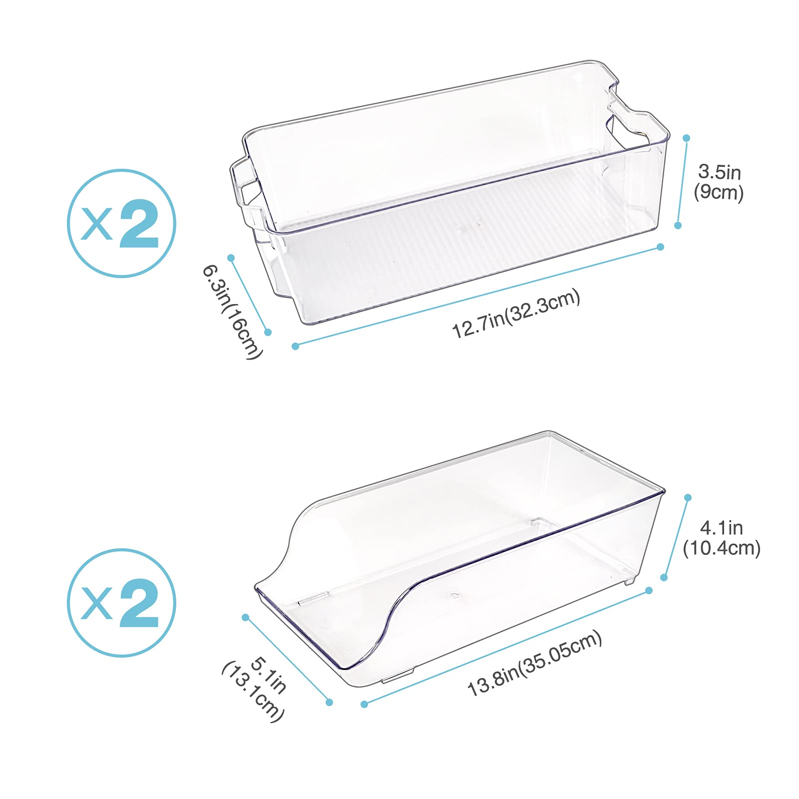 Puricon 4 Pack Clear Plastic Kitchen Organizer, Food Storage Bins and Soda Can Organizer for Refrigerator Fridge Pantry Freeze Cabinets Countertops, BPA Free Fridge Organizer