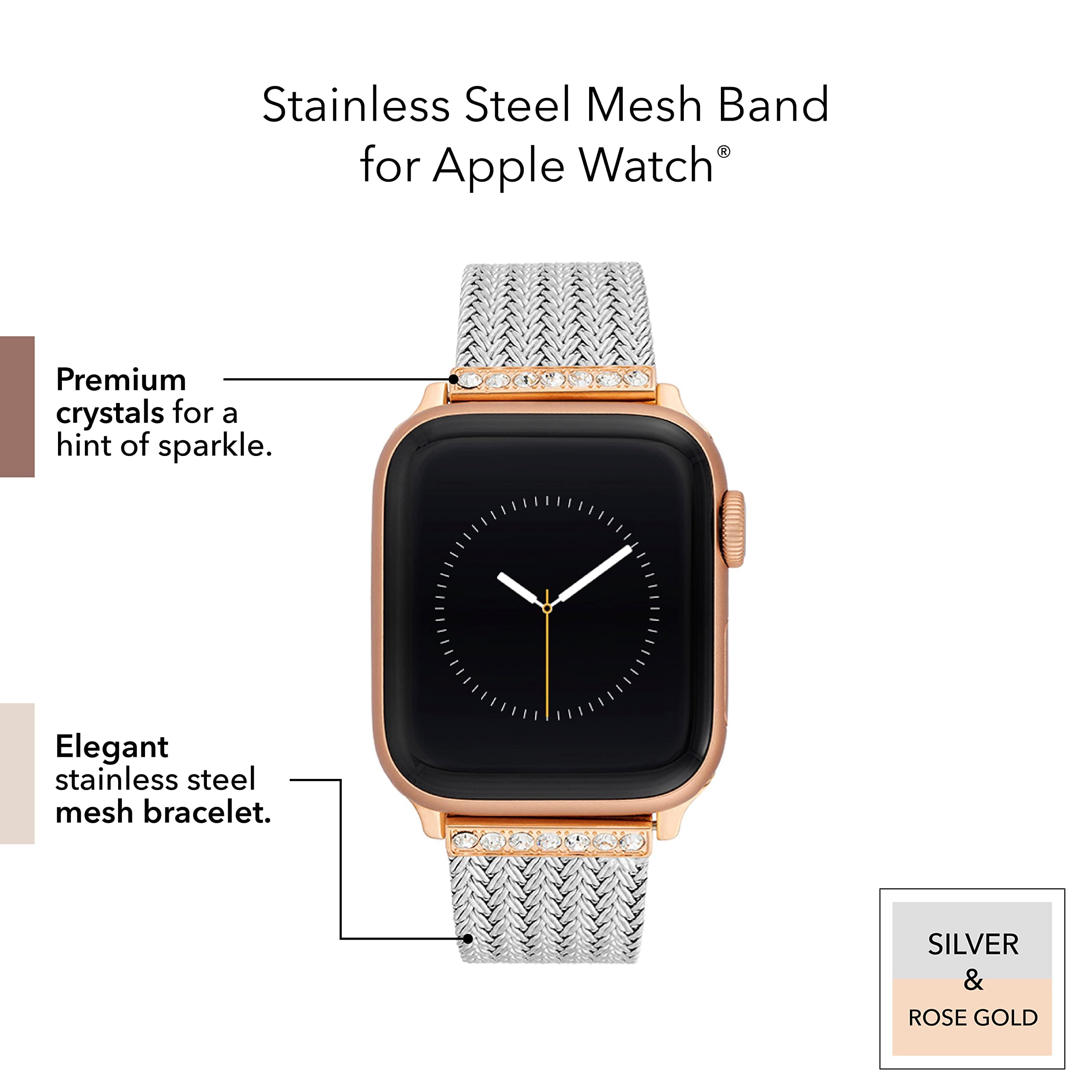 Anne Klein Mesh Fashion Band for Apple Watch, Secure, Adjustable, Apple Watch Replacement Band, Fits Most Wrists (42/44/45mm, Silver),WK-1015RGTT