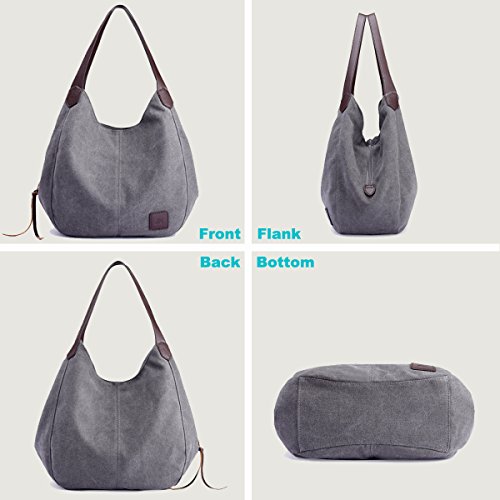 DOURR Women's Multi-pocket Shoulder Bag Fashion Cotton Canvas Handbag Tote Purse (Gray - Medium Size)