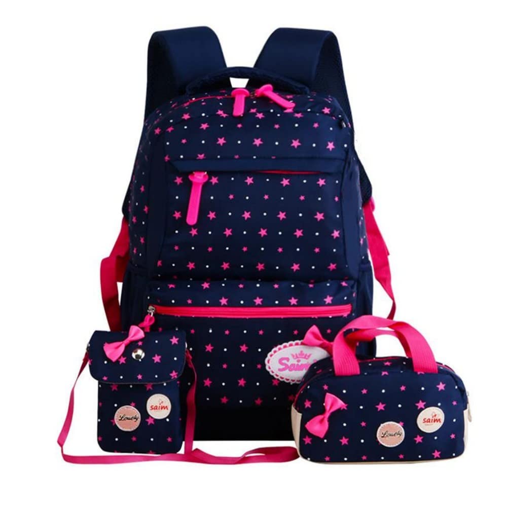 Stars-Print and Bowknot Backpack Set Large Elementary Bookbag 3Pcs Set School bags for Teen Girls