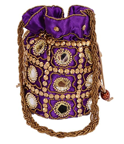 Traditional Satin Potli Bag with Round Mirror for Women & Girls - (Purple)