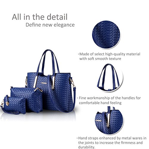 NICOLE&DORIS Fashion Handbag Crossbody Shoulder Bag Purse 3pcs Bag Tote Soft PU Leather Blue