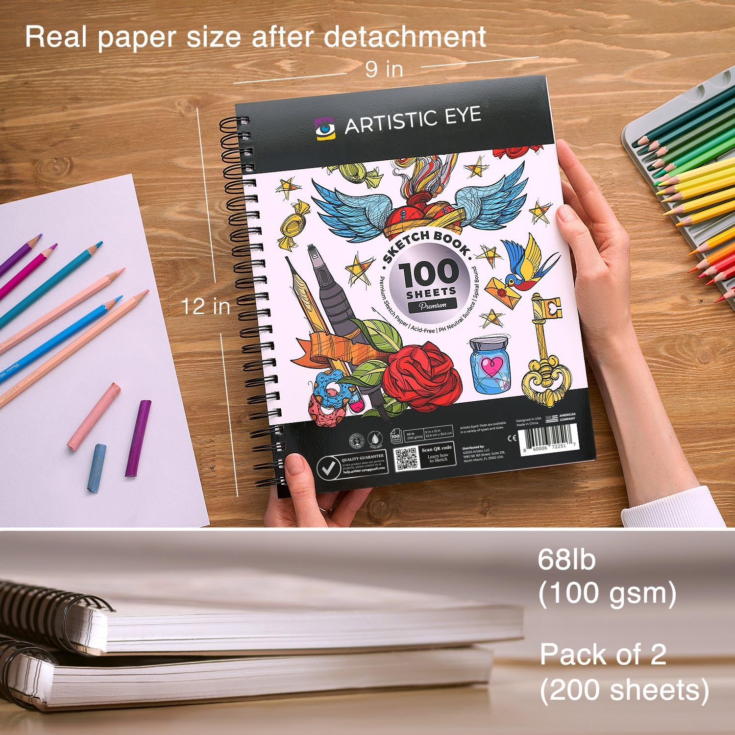 Artisto 9x12" Premium Sketch Book Set, Spiral Bound, Pack of 2, 200 Sheets (100g/m2), Acid-Free Drawing Paper, Ideal for Kids, Teens & Adults.