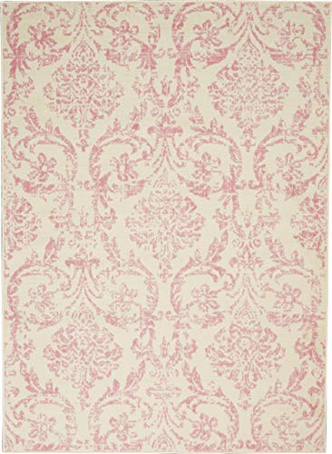 Nourison Jubilant Damask Ivory/Pink 5'3" x 7'3" Area -Rug, Easy -Cleaning, Non Shedding, Bed Room, Living Room, Dining Room, Kitchen (5x7)