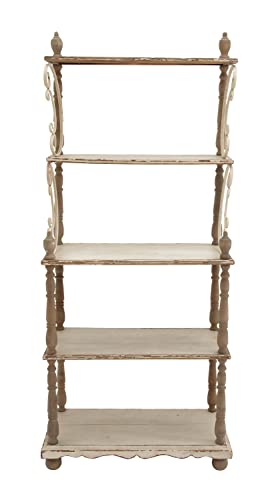 Deco 79 Wood Scroll 5 Shelf Shelving Unit with Brown Spindle Sides and Ball Feet, 32" x 16" x 75", White