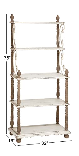 Deco 79 Wood Scroll 5 Shelf Shelving Unit with Brown Spindle Sides and Ball Feet, 32" x 16" x 75", White
