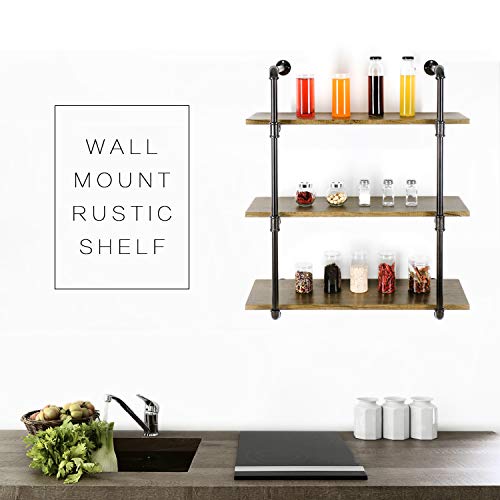 YU YUSING 3 Tier Industrial Pipe Wall Shelf, Rustic Floating Bar Shelves, Wood and Metal Bookshelves for Bedrooms, Bathroom and Kitchens Shelving
