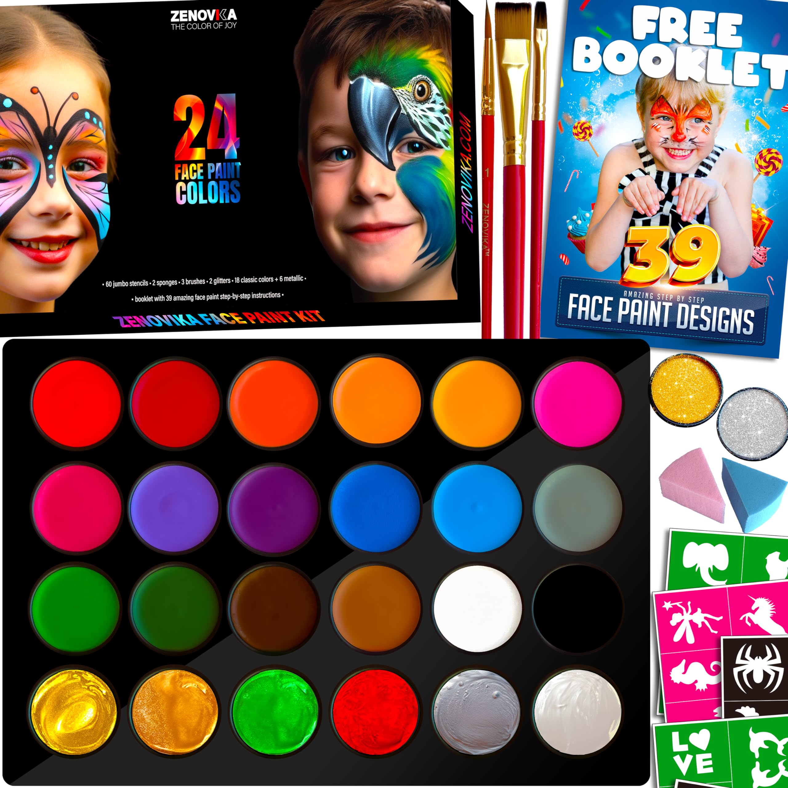 Zenovika Face Paint Kit for Kids - 60 Jumbo Stencils, 15 Large Water Based Paints, 2 Glitters - Halloween Makeup Kit, Professional Face Paint Palette, Safe for Sensitive Skin, Face Painting Book