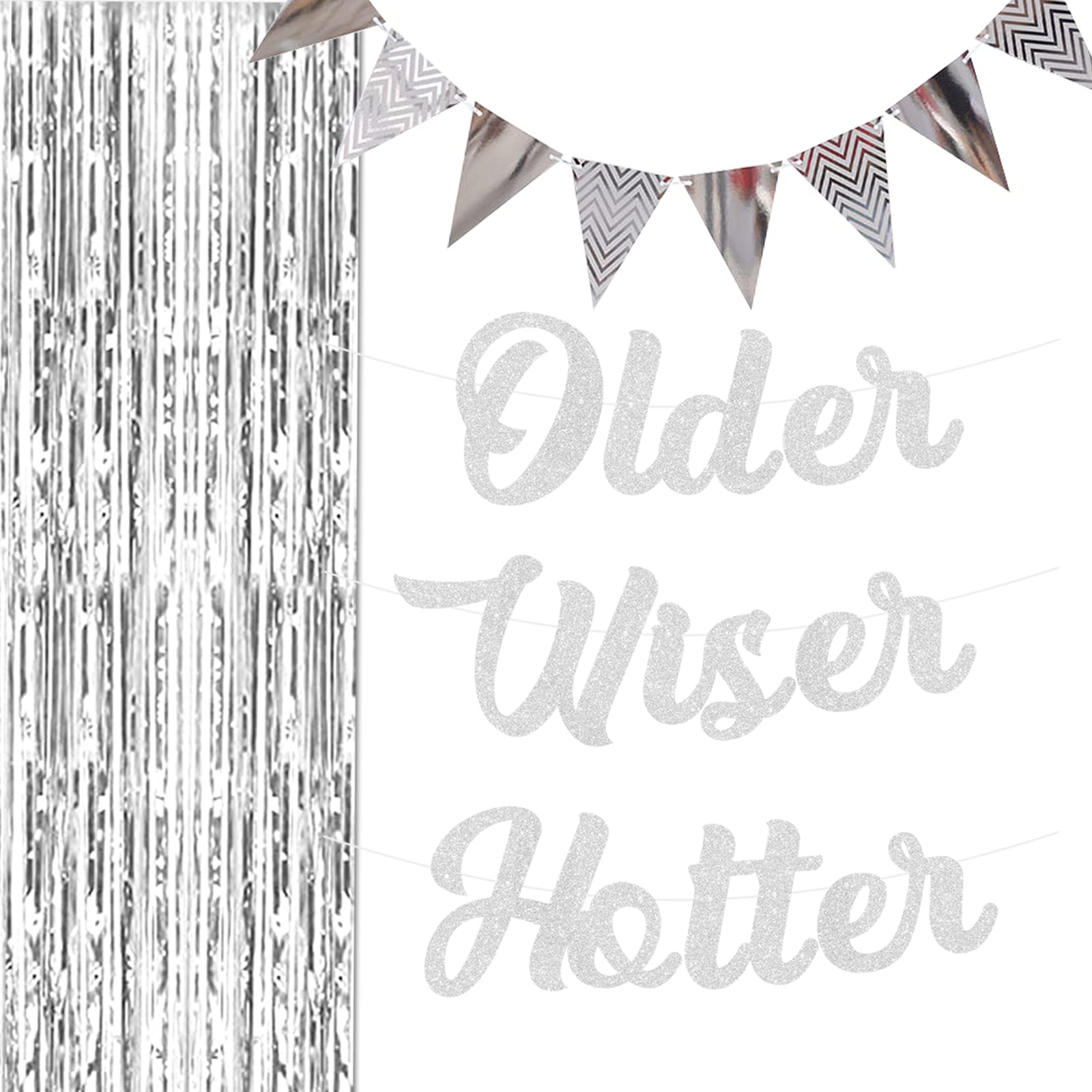 Older Wiser Hotter Banner, Silver Glitter Birthday Party Decorations for Adults, Funny 30th Happy Birthday Decor for Men Women, 40th 50th 60th Bday Triangle Flags Banner and Tinsel Foil Curtains Decor