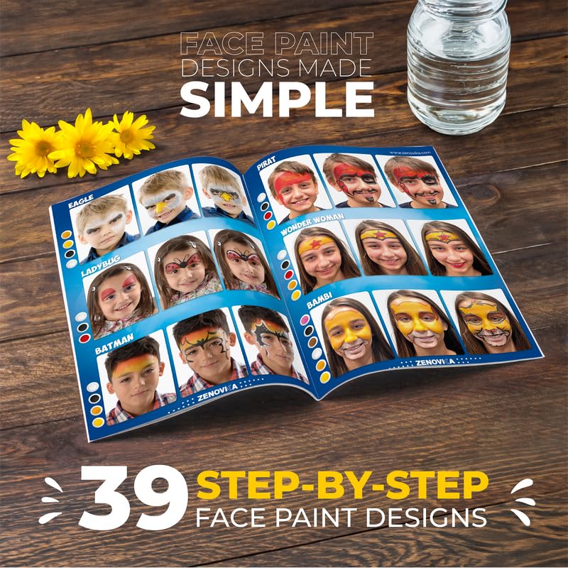 Zenovika Face Paint Kit for Kids - 60 Jumbo Stencils, 15 Large Water Based Paints, 2 Glitters - Halloween Makeup Kit, Professional Face Paint Palette, Safe for Sensitive Skin, Face Painting Book
