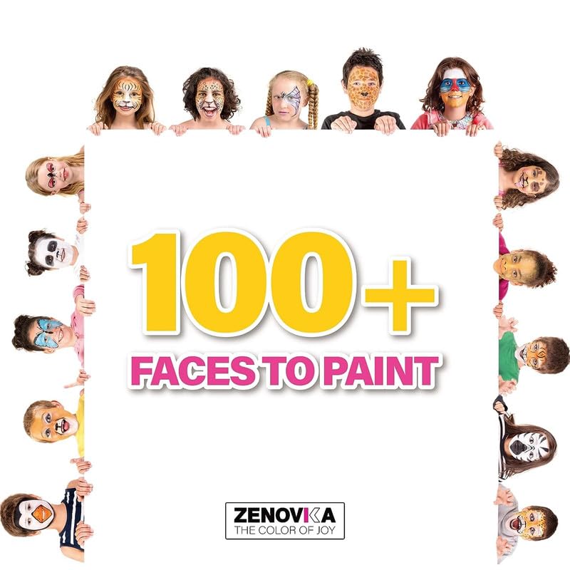 Zenovika Face Paint Kit for Kids - 60 Jumbo Stencils, 15 Large Water Based Paints, 2 Glitters - Halloween Makeup Kit, Professional Face Paint Palette, Safe for Sensitive Skin, Face Painting Book