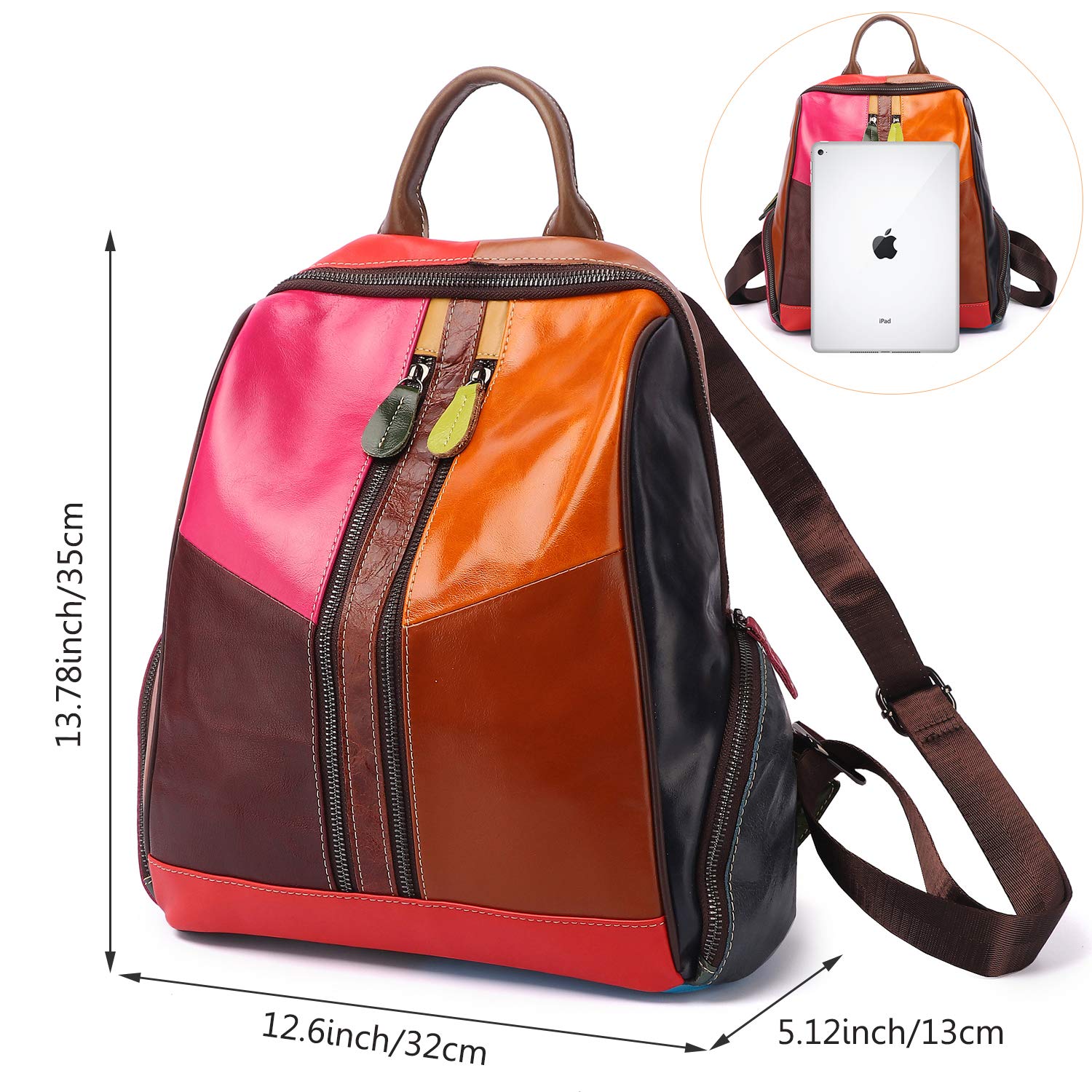New Women’s Multicolor Backpack Genuine Leather Colorful Patchwork Shoulder Bags (Multicoloured-M)