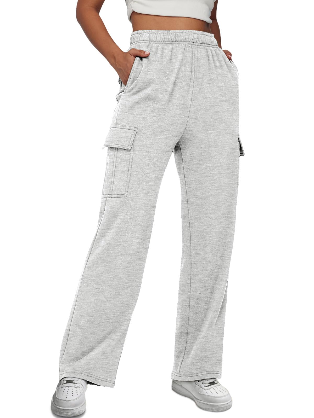 AUTOMET Womens Cargo Sweatpants Baggy Fleece High Waisted Joggers Sweat Pants Athletic Drawstring Casual Wide Leg Loose Fit Fall Pants with Pockets 2024 Grey L