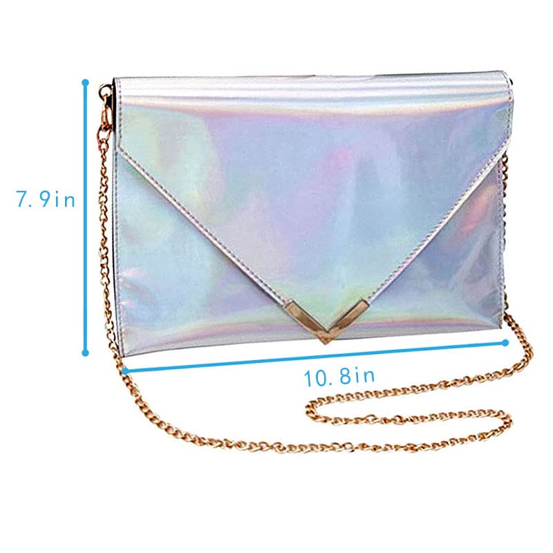 Monique Women Colorful Holographic Evening Clutch Envelope Handbag Small Chain Cross-body Bag Shoulder Bag 167 Silver