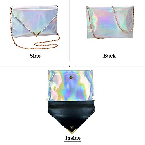 Monique Women Colorful Holographic Evening Clutch Envelope Handbag Small Chain Cross-body Bag Shoulder Bag 167 Silver