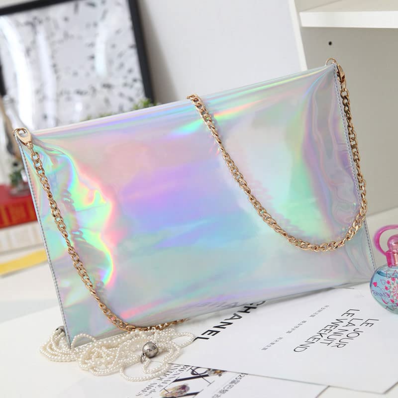 Monique Women Colorful Holographic Evening Clutch Envelope Handbag Small Chain Cross-body Bag Shoulder Bag 167 Silver