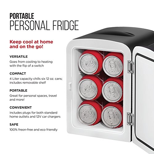 Chefman Mini Portable Black Personal Fridge Cools Or Heats and Provides Compact Storage For Skincare, Snacks, Or 6 12oz Cans W/A Lightweight 4-liter Capacity To Take On The Go