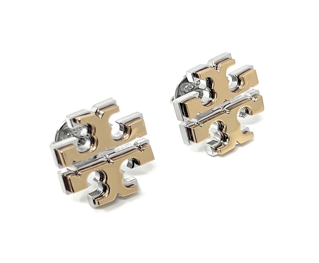 Tory Burch Extra Large Logo Stud Earring Two Toned Gold Silver 5/8'' WIde, Multi