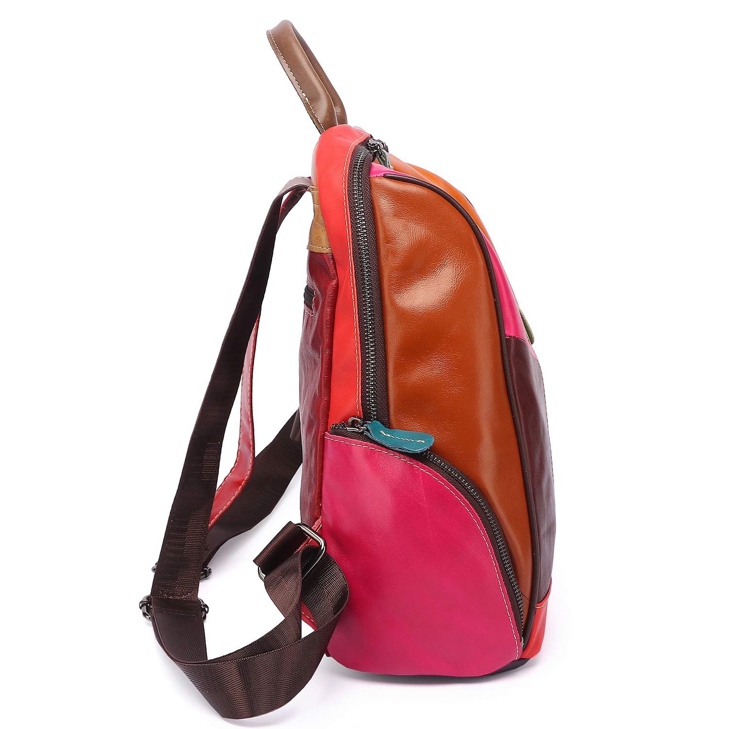 New Women’s Multicolor Backpack Genuine Leather Colorful Patchwork Shoulder Bags (Multicoloured-M)