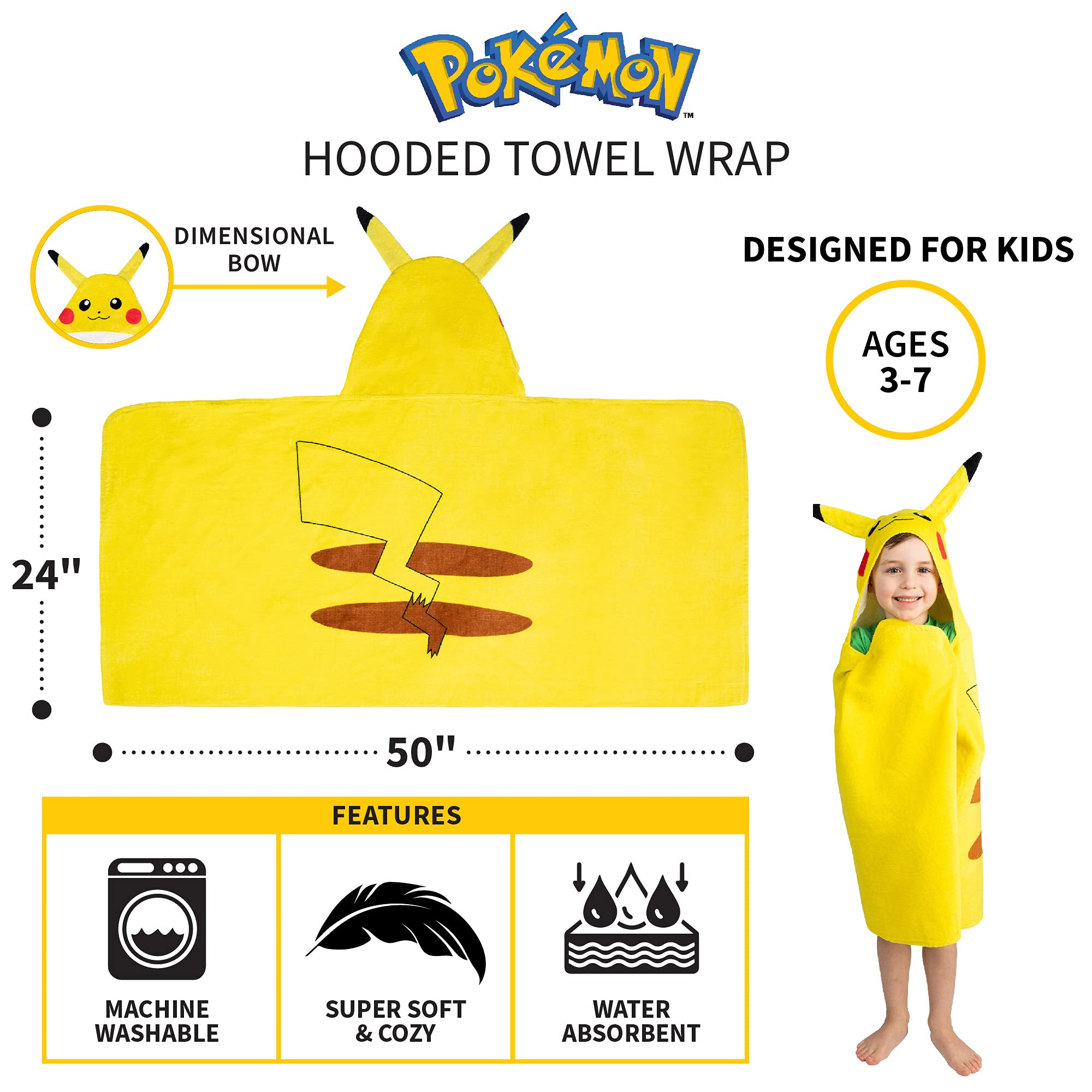 Pokemon Pikachu Bath/Pool/Beach Soft Cotton Terry Hooded Towel Wrap, 24" x 50", By Franco Kids