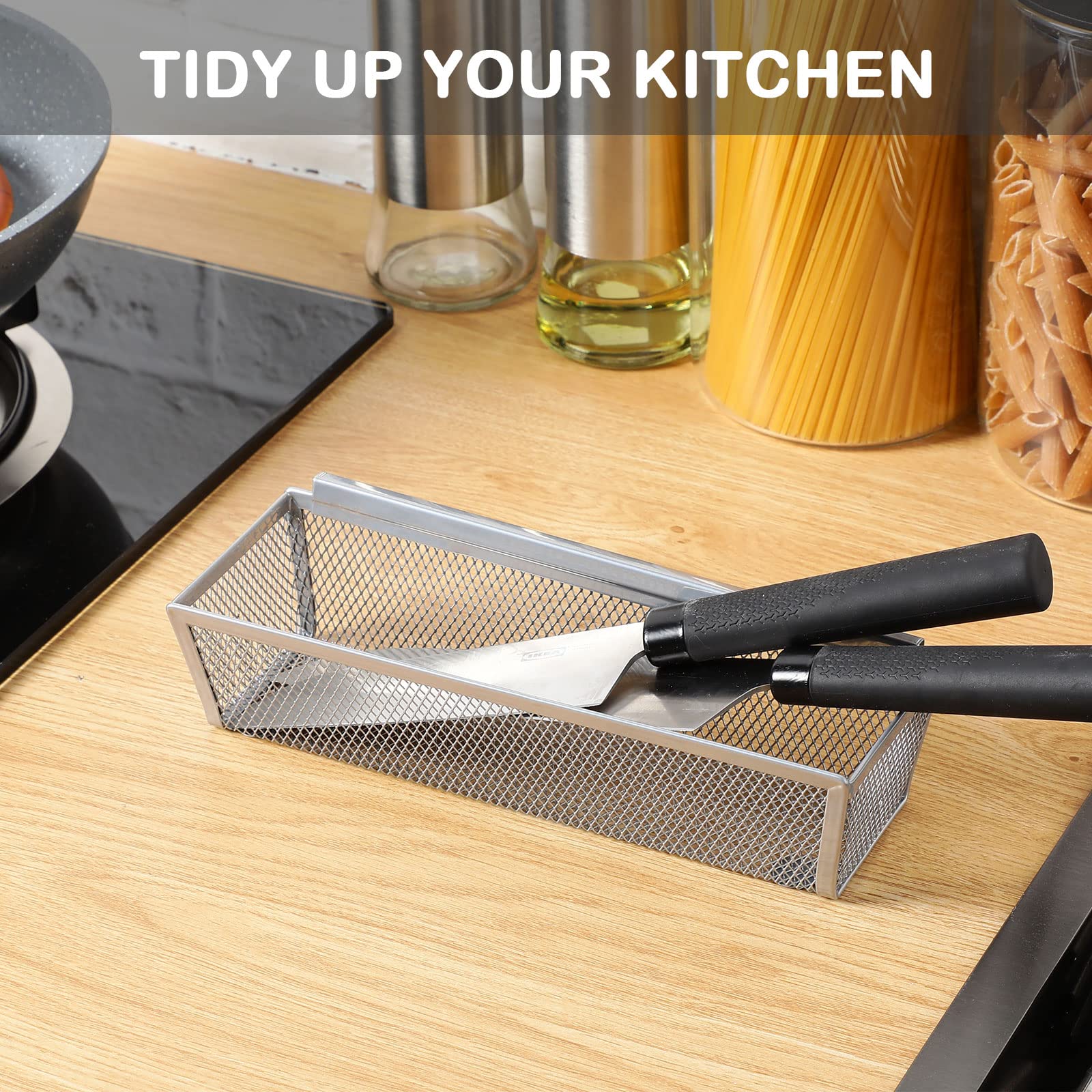 12 Set Silverware Drawer Organizer Mesh Utensil Drawer Organizer for Kitchen Cutlery Trays Holder Steel Metal Flatware Storage, 2 Inch High, Silver
